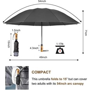 LEAGERA Sun Umbrella UV Protection Compact Windproof Reverse Umbrella for Rain - 54 inch Portable Automatic Open and Close Folding Inverted Car Travel Umbrella with Wooden Handle for Men,Black