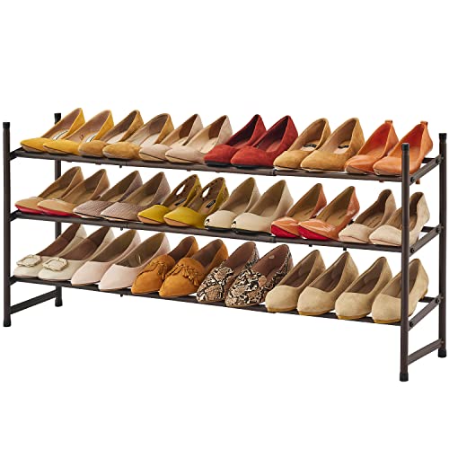 Tajsoon Expandable Shoe Rack Organizer, 3 Tier Adjustable Shoe Shelf, Metal Iron Shoe Storage Organizer for Closet Bedroom Entryway, Bronze