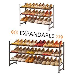 Tajsoon Expandable Shoe Rack Organizer, 3 Tier Adjustable Shoe Shelf, Metal Iron Shoe Storage Organizer for Closet Bedroom Entryway, Bronze