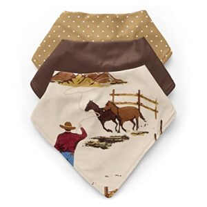 sweet jojo designs western cowboy boy baby bandana bibs newborn infant feeding drool red blue tan chocolate brown and white wild west southern country horse - 3 pack set of absorbent fabric bibdanas