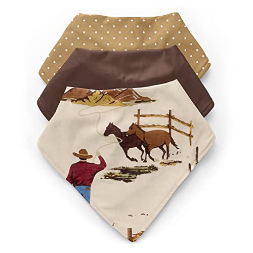 Sweet Jojo Designs Western Cowboy Boy Baby Bandana Bibs Newborn Infant Feeding Drool Red Blue Tan Chocolate Brown and White Wild West Southern Country Horse - 3 Pack Set of Absorbent Fabric Bibdanas