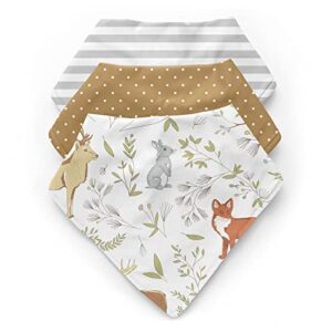 sweet jojo designs woodland animal toile boy girl baby bandana bibs newborn infant feeding drool blue grey green and brown gender neutral forest animals deer fox 3 pack set absorbent fabric bibdanas