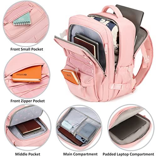 Travel Backpack for Women Men 15.6 Inch Laptop Backpacks with USB Port Carry on Backpack Flight Approved Large Back Pack College Bookbags Outdoor Sports Hiking Rucksack Casual Daypack (Pink,15.6 Inch)