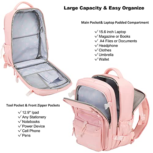 Travel Backpack for Women Men 15.6 Inch Laptop Backpacks with USB Port Carry on Backpack Flight Approved Large Back Pack College Bookbags Outdoor Sports Hiking Rucksack Casual Daypack (Pink,15.6 Inch)