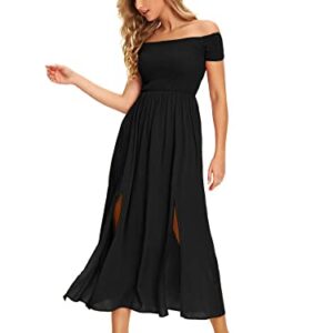 Floerns Women's Boho Floral Print Off Shoulder Split Long A Line Dress A Solid Black XXL