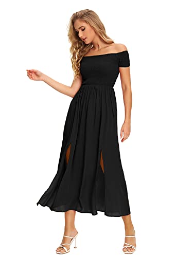 Floerns Women's Boho Floral Print Off Shoulder Split Long A Line Dress A Solid Black XXL