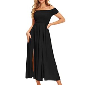 Floerns Women's Boho Floral Print Off Shoulder Split Long A Line Dress A Solid Black XXL