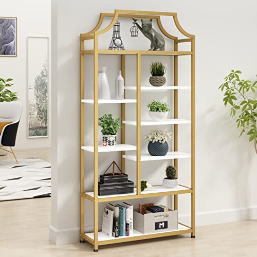 Loomie 8-Open Shelf Bookshelf, 70.87" H x 31.5" L Lux Etagere Bookcase, Tall Storage Display Modern Open Book Case for Bedroom, Home Office & Living Room, Gold Finish Metal Frame & White Shelving