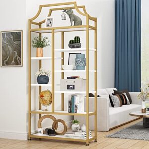 Loomie 8-Open Shelf Bookshelf, 70.87" H x 31.5" L Lux Etagere Bookcase, Tall Storage Display Modern Open Book Case for Bedroom, Home Office & Living Room, Gold Finish Metal Frame & White Shelving