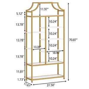 Loomie 8-Open Shelf Bookshelf, 70.87" H x 31.5" L Lux Etagere Bookcase, Tall Storage Display Modern Open Book Case for Bedroom, Home Office & Living Room, Gold Finish Metal Frame & White Shelving