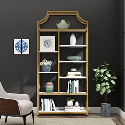 Loomie 8-Open Shelf Bookshelf, 70.87" H x 31.5" L Lux Etagere Bookcase, Tall Storage Display Modern Open Book Case for Bedroom, Home Office & Living Room, Gold Finish Metal Frame & White Shelving