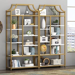 Loomie 8-Open Shelf Bookshelf, 70.87" H x 31.5" L Lux Etagere Bookcase, Tall Storage Display Modern Open Book Case for Bedroom, Home Office & Living Room, Gold Finish Metal Frame & White Shelving