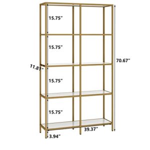 Loomie Gold Etagere Bookshelf Bookcase, 39.37" W x 70.66" H Modern 5-Tier Freestanding Open Book Shelves, Golden Display Shelf Storage Rack Shelving Unit for Living Room (White)