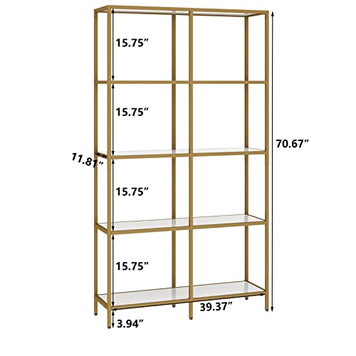 Loomie Gold Etagere Bookshelf Bookcase, 39.37" W x 70.66" H Modern 5-Tier Freestanding Open Book Shelves, Golden Display Shelf Storage Rack Shelving Unit for Living Room (White)