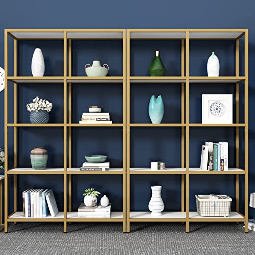 Loomie Gold Etagere Bookshelf Bookcase, 39.37" W x 70.66" H Modern 5-Tier Freestanding Open Book Shelves, Golden Display Shelf Storage Rack Shelving Unit for Living Room (White)