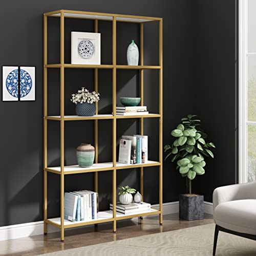 Loomie Gold Etagere Bookshelf Bookcase, 39.37" W x 70.66" H Modern 5-Tier Freestanding Open Book Shelves, Golden Display Shelf Storage Rack Shelving Unit for Living Room (White)