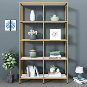 Loomie Gold Etagere Bookshelf Bookcase, 39.37" W x 70.66" H Modern 5-Tier Freestanding Open Book Shelves, Golden Display Shelf Storage Rack Shelving Unit for Living Room (White)