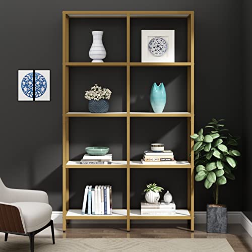 Loomie Gold Etagere Bookshelf Bookcase, 39.37" W x 70.66" H Modern 5-Tier Freestanding Open Book Shelves, Golden Display Shelf Storage Rack Shelving Unit for Living Room (White)