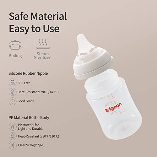 Pigeon PP Nursing Bottle Wide Neck, Streamlined Body, Natural Feel, Easy to Clean, 5.4 Oz(Pack of 2), Includes 2pcs SS Nipples (0m+)