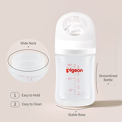 Pigeon PP Nursing Bottle Wide Neck, Streamlined Body, Natural Feel, Easy to Clean, 5.4 Oz(Pack of 2), Includes 2pcs SS Nipples (0m+)