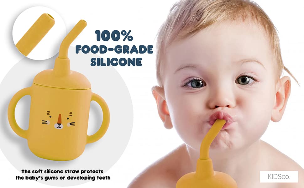 KIDSco. Silicone Baby Cup with Straw (Dark Pink Cat) - Sippy Cup for 1 Year Old - Unbreakable Toddler Cups Spill proof - 100% Silicone Training Cup for Infants+toddlers - Sippy Cup with Handles