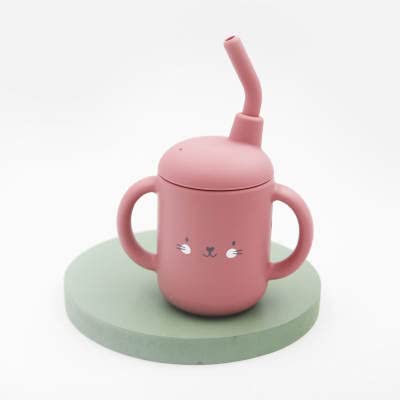 KIDSco. Silicone Baby Cup with Straw (Dark Pink Cat) - Sippy Cup for 1 Year Old - Unbreakable Toddler Cups Spill proof - 100% Silicone Training Cup for Infants+toddlers - Sippy Cup with Handles