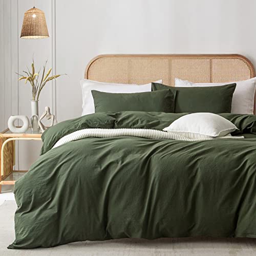 ZOVAN Cal King Duvet Cover Set - 100% Washed Cotton Super Soft Shabby Chic Durable 3 Pieces Home Bedding Set with Zipper Closure, Olive Green