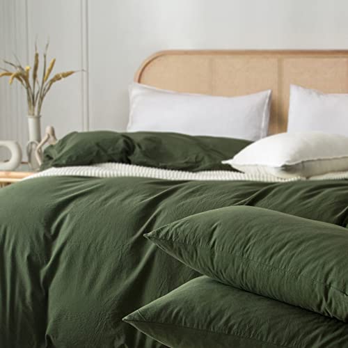 ZOVAN Cal King Duvet Cover Set - 100% Washed Cotton Super Soft Shabby Chic Durable 3 Pieces Home Bedding Set with Zipper Closure, Olive Green