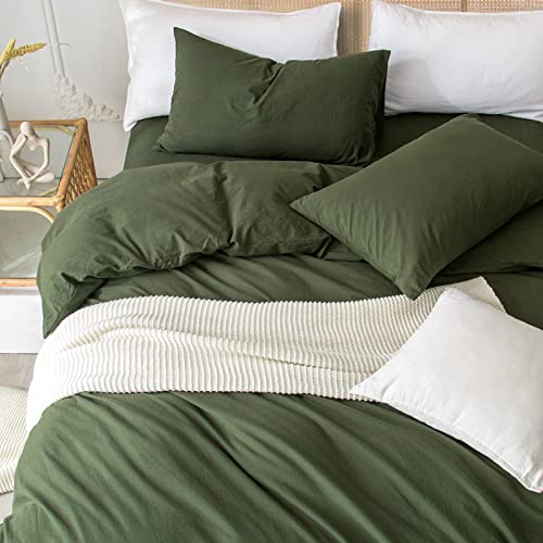 ZOVAN Cal King Duvet Cover Set - 100% Washed Cotton Super Soft Shabby Chic Durable 3 Pieces Home Bedding Set with Zipper Closure, Olive Green