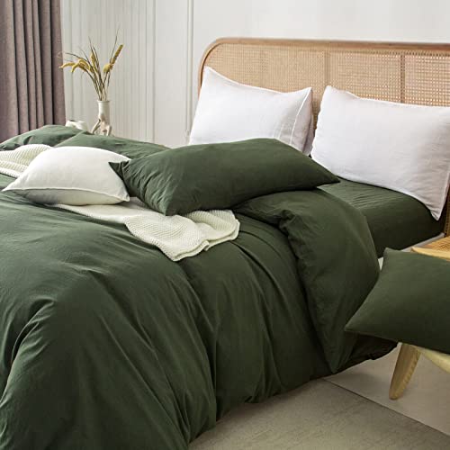 ZOVAN Cal King Duvet Cover Set - 100% Washed Cotton Super Soft Shabby Chic Durable 3 Pieces Home Bedding Set with Zipper Closure, Olive Green