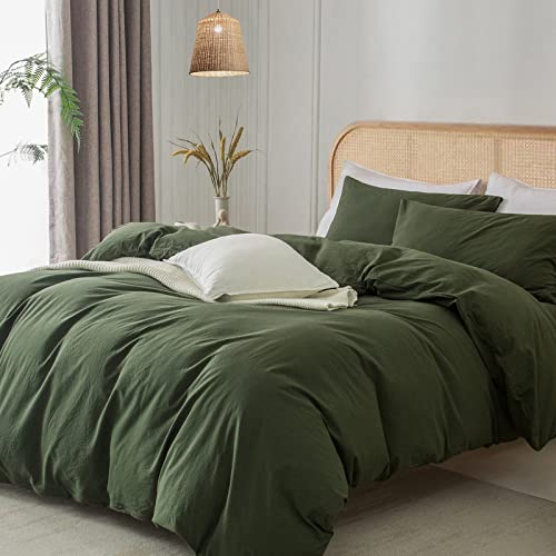 ZOVAN Cal King Duvet Cover Set - 100% Washed Cotton Super Soft Shabby Chic Durable 3 Pieces Home Bedding Set with Zipper Closure, Olive Green