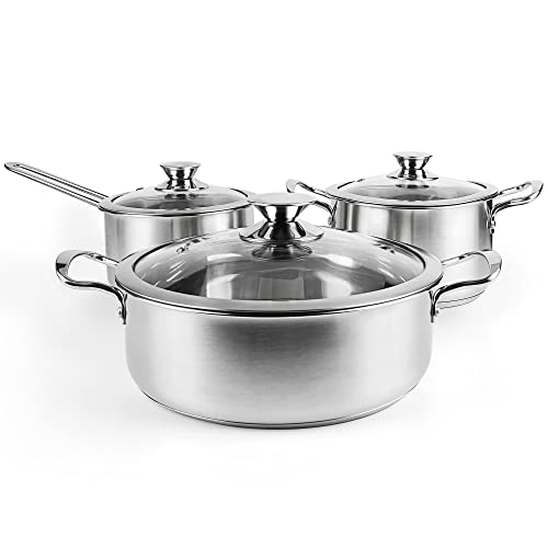 Stainless steel pot set,6 Piece Kitchen Induction Cookware Sets with Glass Lids, Stay Cool Handle, Works with Induction, Electric and Gas Cooktops, Oven Safe，Dishwasher