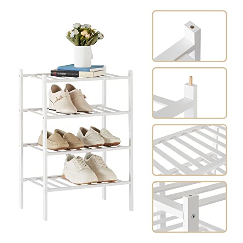 Trenect Shoe Rack for Entryway Closet 4 Tier Narrow Stackable Organizer Storage Bamboo Vertical Small Shelf Free Standing 17.7 * 11 * 26.2 Inches (White)