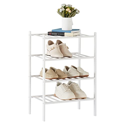 Trenect Shoe Rack for Entryway Closet 4 Tier Narrow Stackable Organizer Storage Bamboo Vertical Small Shelf Free Standing 17.7 * 11 * 26.2 Inches (White)