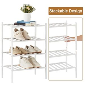 Trenect Shoe Rack for Entryway Closet 4 Tier Narrow Stackable Organizer Storage Bamboo Vertical Small Shelf Free Standing 17.7 * 11 * 26.2 Inches (White)