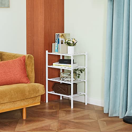 Trenect Shoe Rack for Entryway Closet 4 Tier Narrow Stackable Organizer Storage Bamboo Vertical Small Shelf Free Standing 17.7 * 11 * 26.2 Inches (White)