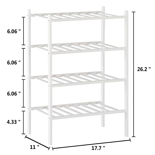 Trenect Shoe Rack for Entryway Closet 4 Tier Narrow Stackable Organizer Storage Bamboo Vertical Small Shelf Free Standing 17.7 * 11 * 26.2 Inches (White)