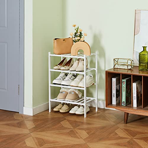 Trenect Shoe Rack for Entryway Closet 4 Tier Narrow Stackable Organizer Storage Bamboo Vertical Small Shelf Free Standing 17.7 * 11 * 26.2 Inches (White)