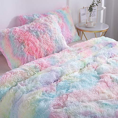 Wajade Faux Fur Plush Rainbow Comforter Set Fluffy Fuzzy Shaggy Bedding Set - 3PC Full Size Microfiber Soft Warm Quilt Set