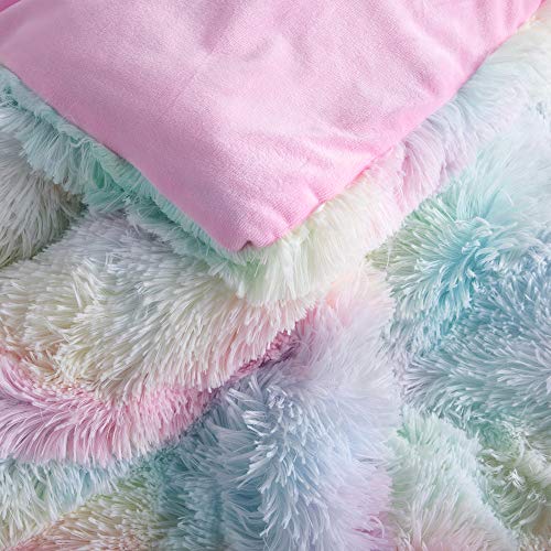 Wajade Faux Fur Plush Rainbow Comforter Set Fluffy Fuzzy Shaggy Bedding Set - 3PC Full Size Microfiber Soft Warm Quilt Set