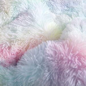 Wajade Faux Fur Plush Rainbow Comforter Set Fluffy Fuzzy Shaggy Bedding Set - 3PC Full Size Microfiber Soft Warm Quilt Set