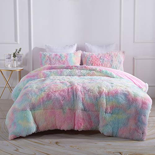 Wajade Faux Fur Plush Rainbow Comforter Set Fluffy Fuzzy Shaggy Bedding Set - 3PC Full Size Microfiber Soft Warm Quilt Set