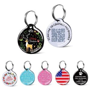 christmas reindeer pattern dog & cat tag - qr code pet id with online profile - festive personalized name - holiday themed nameplate for pets - cute seasonal gift(merry christmas)