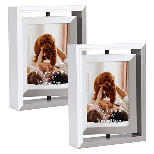 EXYGLO 2 Pack 4x6 Picture Frames, Color Contrast Rotating Photo Frame Wooden 2 Sided Frames for Vertical or Horizontal Tabletop Display, White+Grey