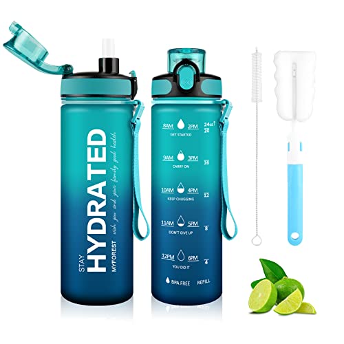 MYFOREST 24 oz Water Bottle with Time Marker & Straw, Leakproof Motivational Drinking Bottles with Removable Carrying Strap, BPA Free Tritan Frosted Bottle for Sports, Office, School and Home