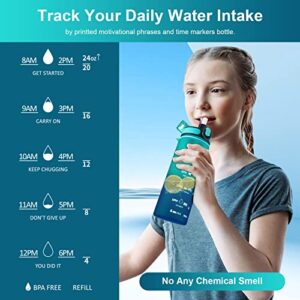 MYFOREST 24 oz Water Bottle with Time Marker & Straw, Leakproof Motivational Drinking Bottles with Removable Carrying Strap, BPA Free Tritan Frosted Bottle for Sports, Office, School and Home