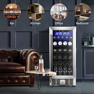 Antarctic Star 2.9 Cu.Ft Beverage Refrigerator, Wine Cooler Low Noise, Transparent Glass Door, Stainless Steel LED Light, Efficient Cooling System with Lock for Home and Bar 15inch, Silver