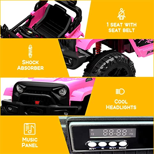 Hetoy Ride on Truck Car 12V Kids Electric Vehicles with Remote Control Spring Suspension, LED Lights, Bluetooth, 2 Speeds