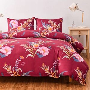 yfisan floral duvet cover set king red flower comforter cover set king 104"x90" burgundy lightweight soft 3 pieces breathable bedding set (no comforter included，rwd flower, king)