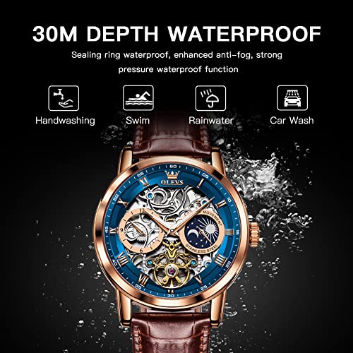 OLEVS Skeleton Watches for Mens Automatic Mechanical Self Winding Tourbillon Leather Strap Luxury Dress Moon Phase Wrist Watches Waterproof Luminous